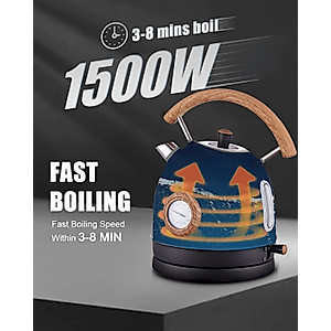 Retro Electric Kettle, 1.7L / 1500W Electric Tea Kettles for Boiling Water, Wood Pattern Handle Blue Stainless Steel Hot Water Boiler with Temperature Display, Auto Shut-off Boil-Dry Protection