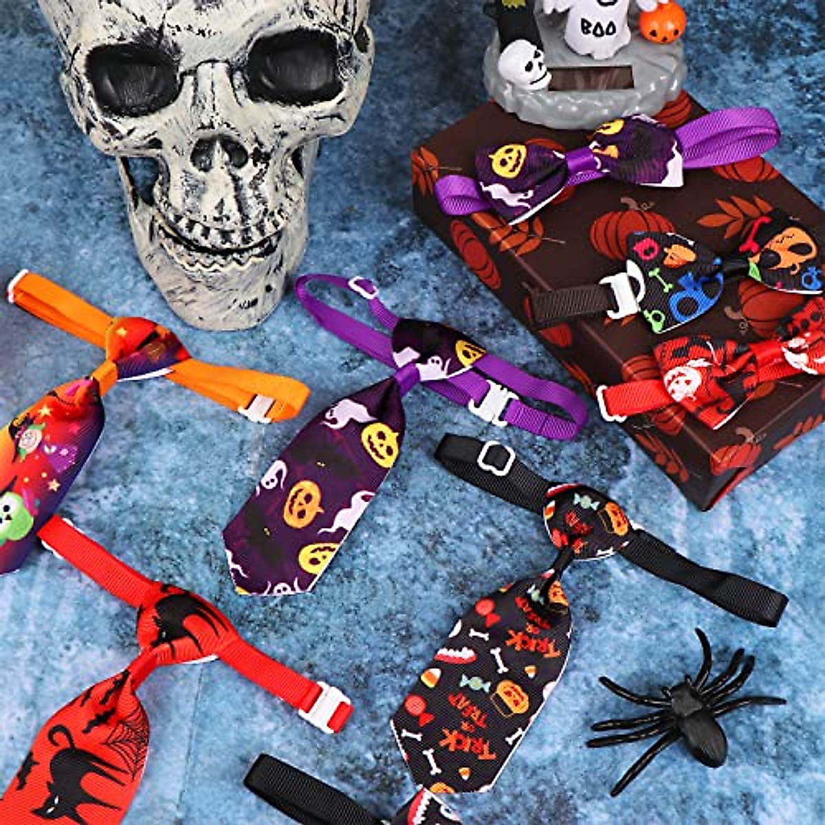 32 Pieces Halloween Dog Tie and Bowtie Collars Set Includes 16 Dog Neckties and 16 Dog Bow Tie Adjustable Dog Costume Neckties and Bow Tiespet Collars Dog Bow Tie for Small Medium Large Dog Cat Pet