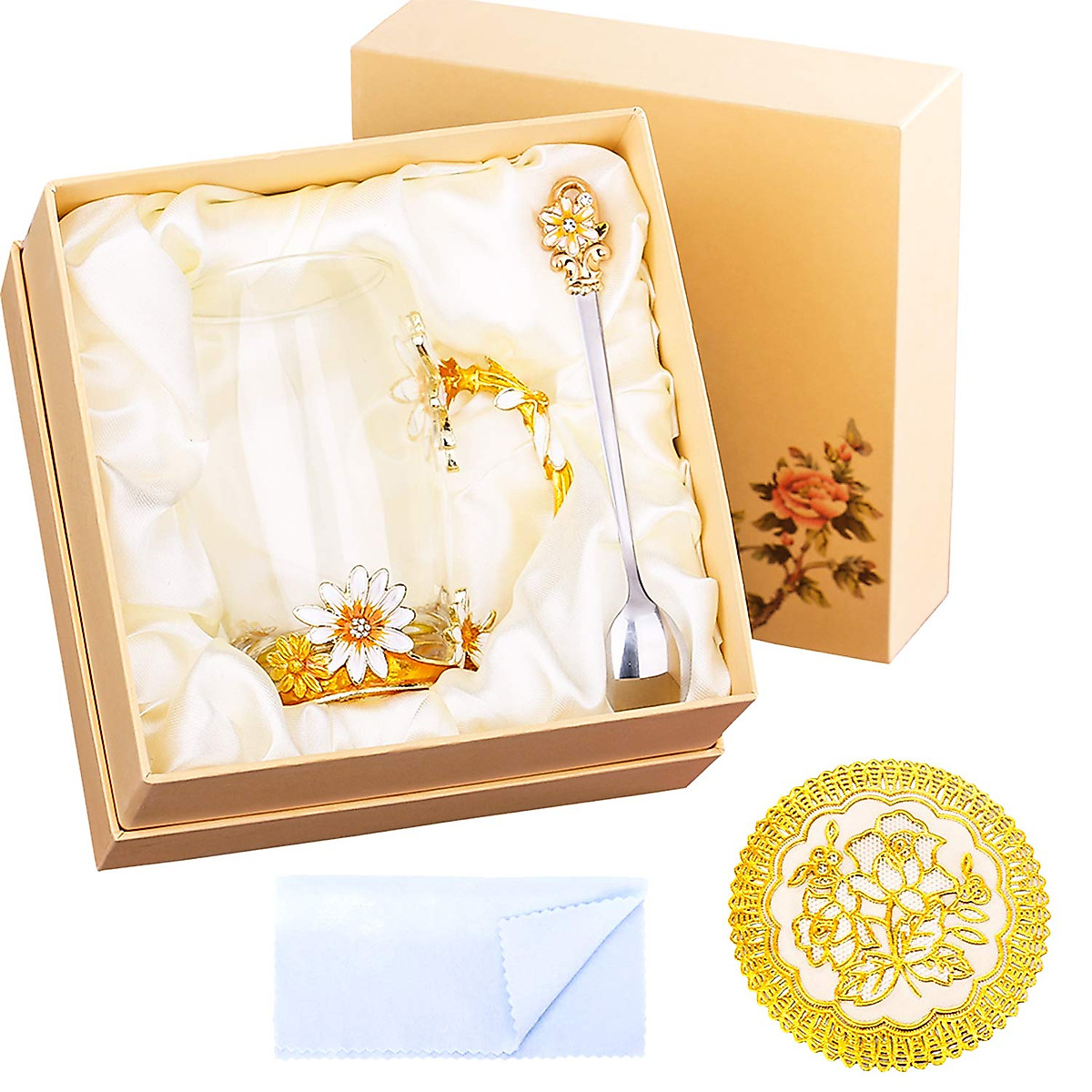 Glass Tea Mug, Mother's Day Gifts, Handmade Enamel Daisy Flower Coffee Cup Set with Handle, Unique Valentine's Day Birthday Gift Idea for Women, Christmas New Year Party Supplies - 12oz Gold