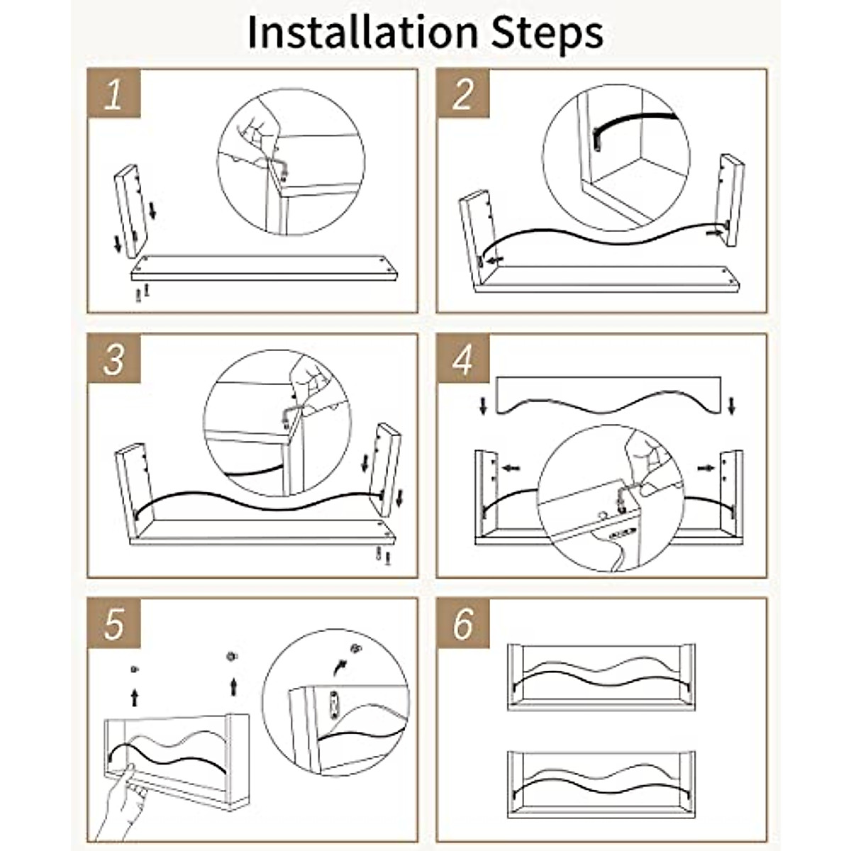 Sapowerntus Wood Book Shelves Wall Mounted, Rustic Nursery Magazine Holder Organizer Vinyl Record Rack with Curve Rail Wave Design, Wall Bookshelf Home Room Office Decor, Set of 2