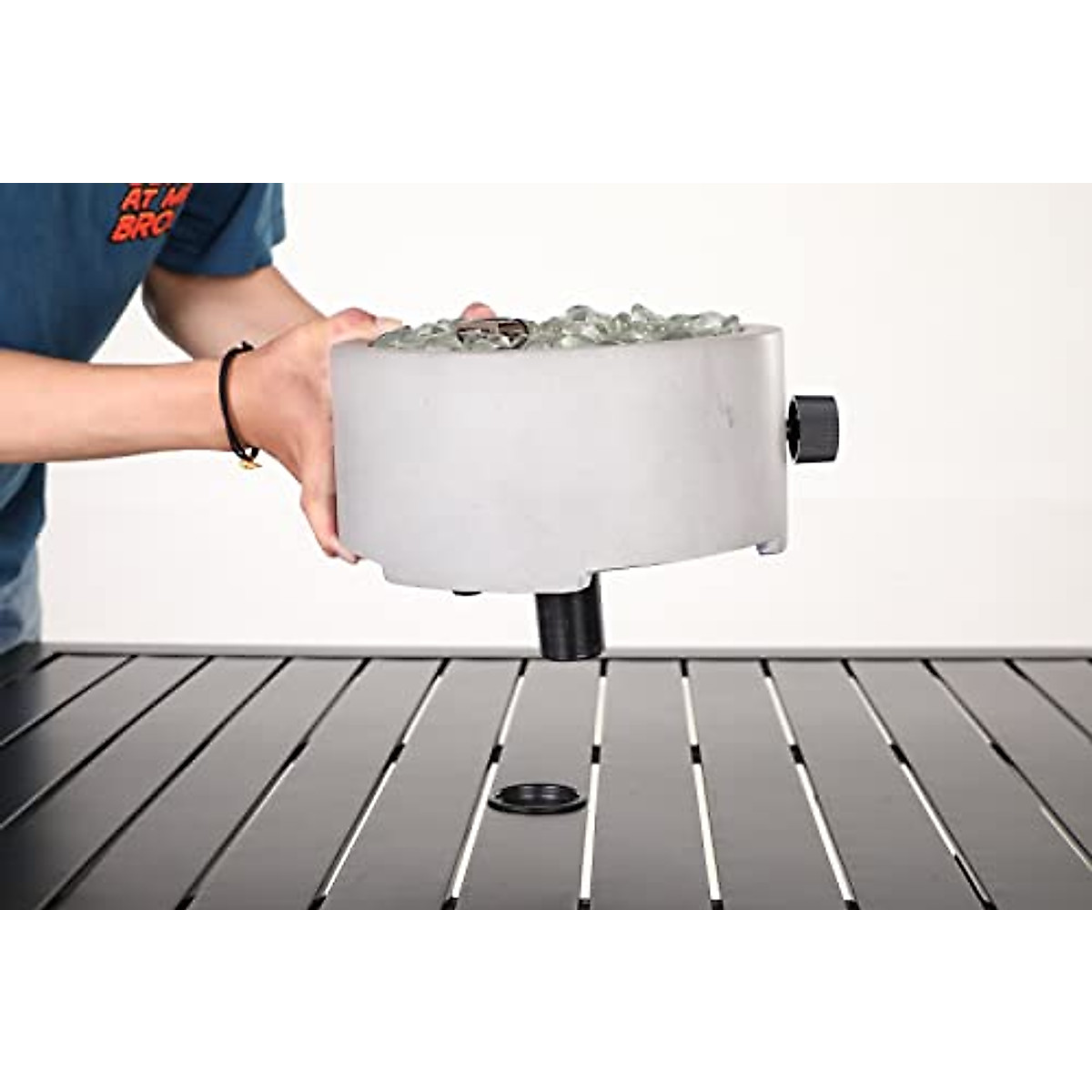 Tabletop Propane Fire Pit, 10 Inch Round Concrete Gas Burning Fire Bowl, Portable Fireplace, 10,000 BTU Propane Tank Outside w/Glass Beads for Garden, Patio Campfire Table with Umbrella Hole- Round