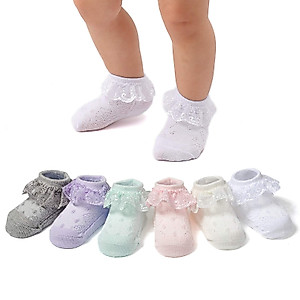 Mini angel Baby Lace Socks Newborn Girls Eyelet Lace Ruffle Frilly Ankle Socks Soft Cotton Dress Socks with Box Gift Set,6 Pairs,White/Cream/Pink/Grey/Light Green/Purple,0-3 Months