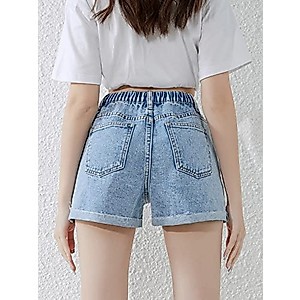 SweatyRocks Girl's Elastic Waist Ripped Jean Shorts Roll Up Hem Straight Leg Hot Pants Denim Shorts Light Wash 12-13Y
