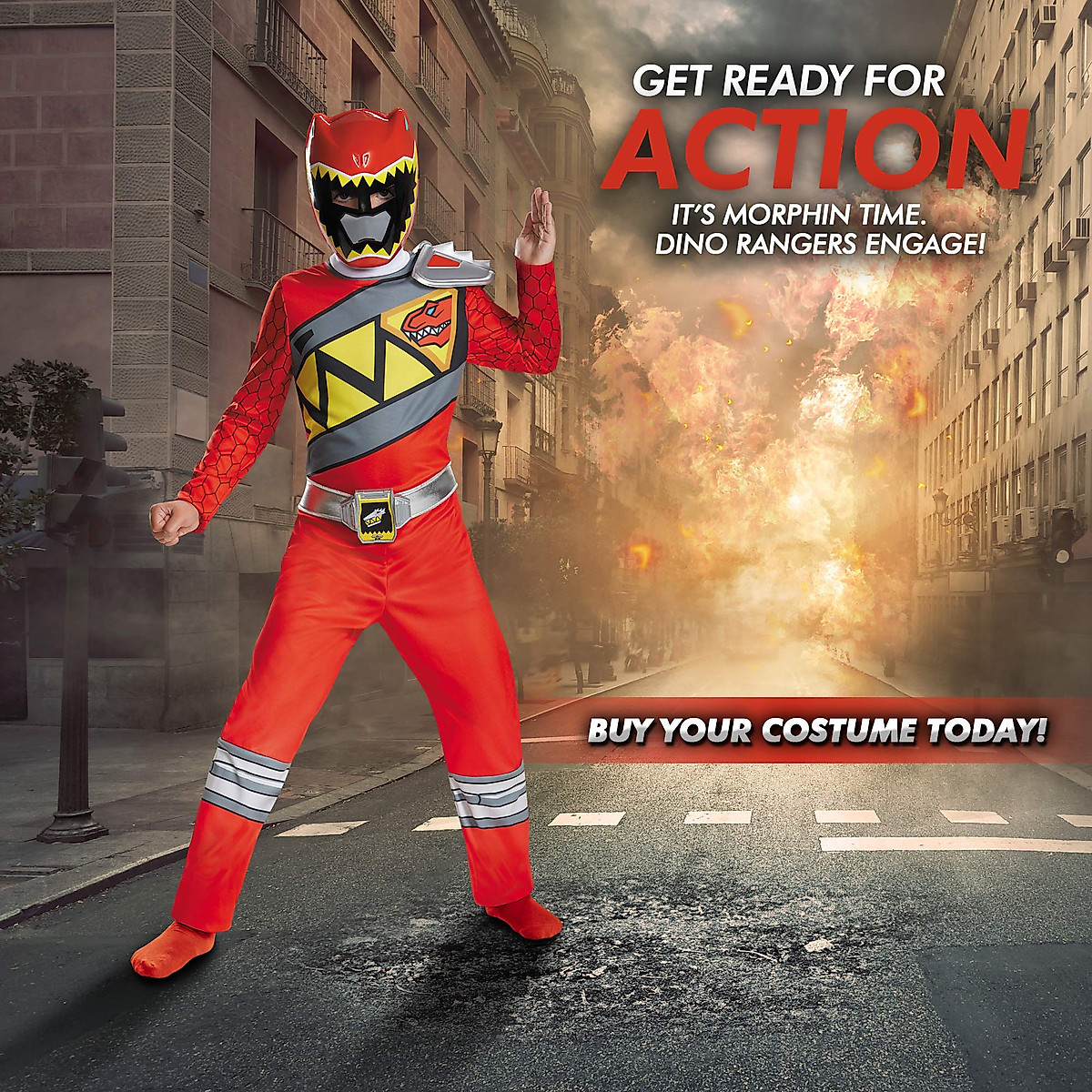 Red Power Rangers Costume for Kids. Official Licensed Red Ranger Dino Charge Classic Power Ranger Suit with Mask for Boys & Girls, Small (4-6)