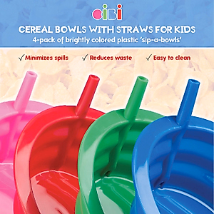 Cereal Bowls with Straws for Kids by CIBI | BPA-Free Plastic | Toddler Sip-A-Bowls with Built-In Straw for Cereal and Soup | Set of 4 Colorful Breakfast Bowls