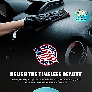 Black Plastic Vinyl Trim Restorer Protective Finish Long Lasting Car & Truck Polish Refreshing Agent for Various Surfaces UV Blocking Restoring Solution – 12 Ounces - Premium Microfiber Cloth Included