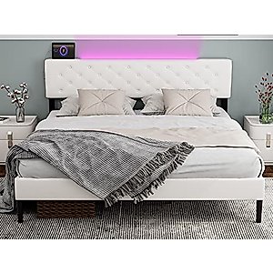 IKIFLY California King Bed Frames with Adjustable Headboard, Modern Upholstered Cal King Platform Bed with LED Lights & 2 USB Ports, Strong Wood Slat Support, No Box Spring Needed - White