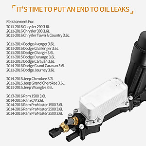 Oil Cooler Oil Filter Housing with Gaskets | Compatible With 3.6L 2011-2016 Dodge Journey Grand Caravan Jeep Wrangler Chrysler 200 300 Ram ProMaster & More | Replaces# 5184294AE, 68105583AF