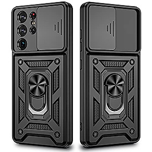 VEGO for Galaxy S21 Ultra Case with Slide Camera Cover, Built-in 360° Rotate Ring Kickstand Magnetic Cover Case for Samsung Galaxy S21 Ultra 5G 6.8 inch - Black