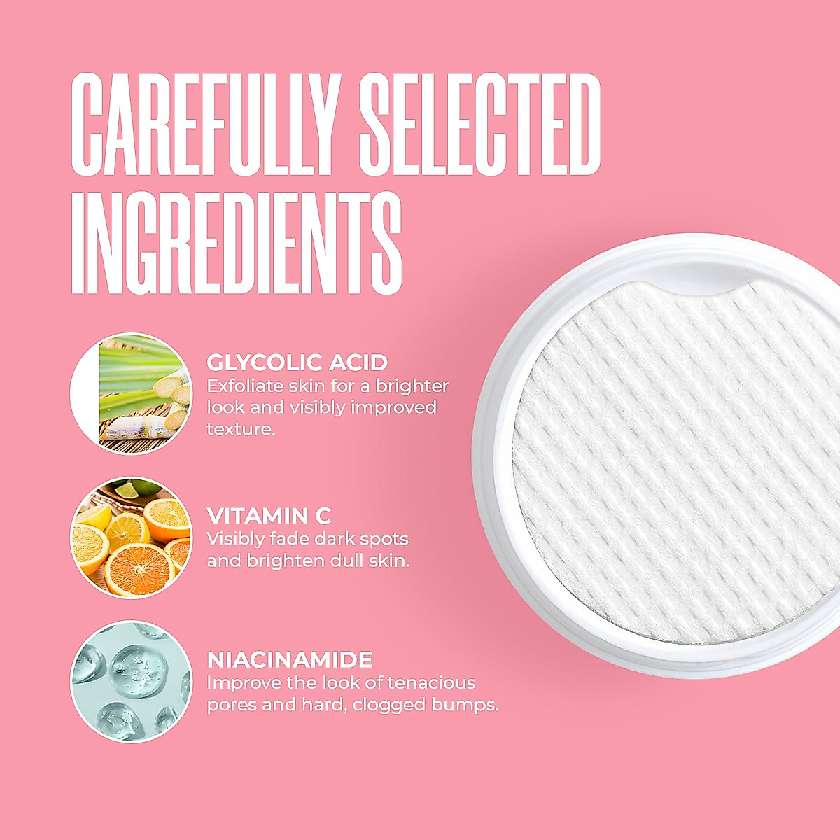 Glycolic Acid Pads with Vitamin C - Toner Pads for Face Cleansing With Tea Tree Oil - Exfoliating Pads with 20% AHA & Vitamins E, B3, B5 - Facial Peel Resurfacing Pads, Glycolic Acid Peel (50)