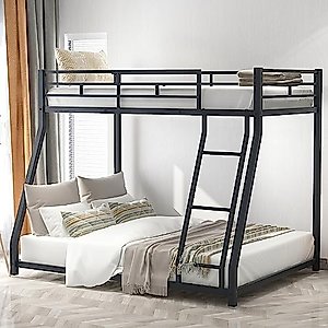 HAUSHECK Bunk Bed Twin Over Full Size, Heavy Duty Metal Bunk Beds with Ladder and Safety Guardrail, Floor Bed Frame for 2 or 3 Kids, Teens & Adults, No Box Spring Needed, Noise Free, Space Saving
