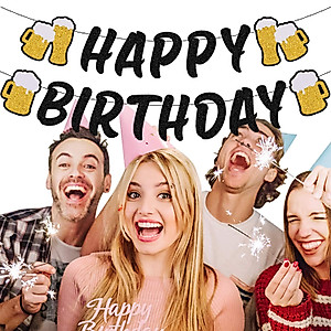 Happy Birthday Banner Cheers for 20 21 24 25 28 30 40 50 60 70 80 Years Backdrop for Men Women Him Her Bday Party Supplies Glitter Black Decorations Pre-Strung