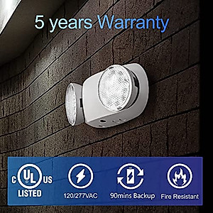 LED Emergency Light with Two Adjustable Heads, Commercial Emergency Exit Lighting, Battery Backup for Emergency Light, AC 120-277V, UL Listed