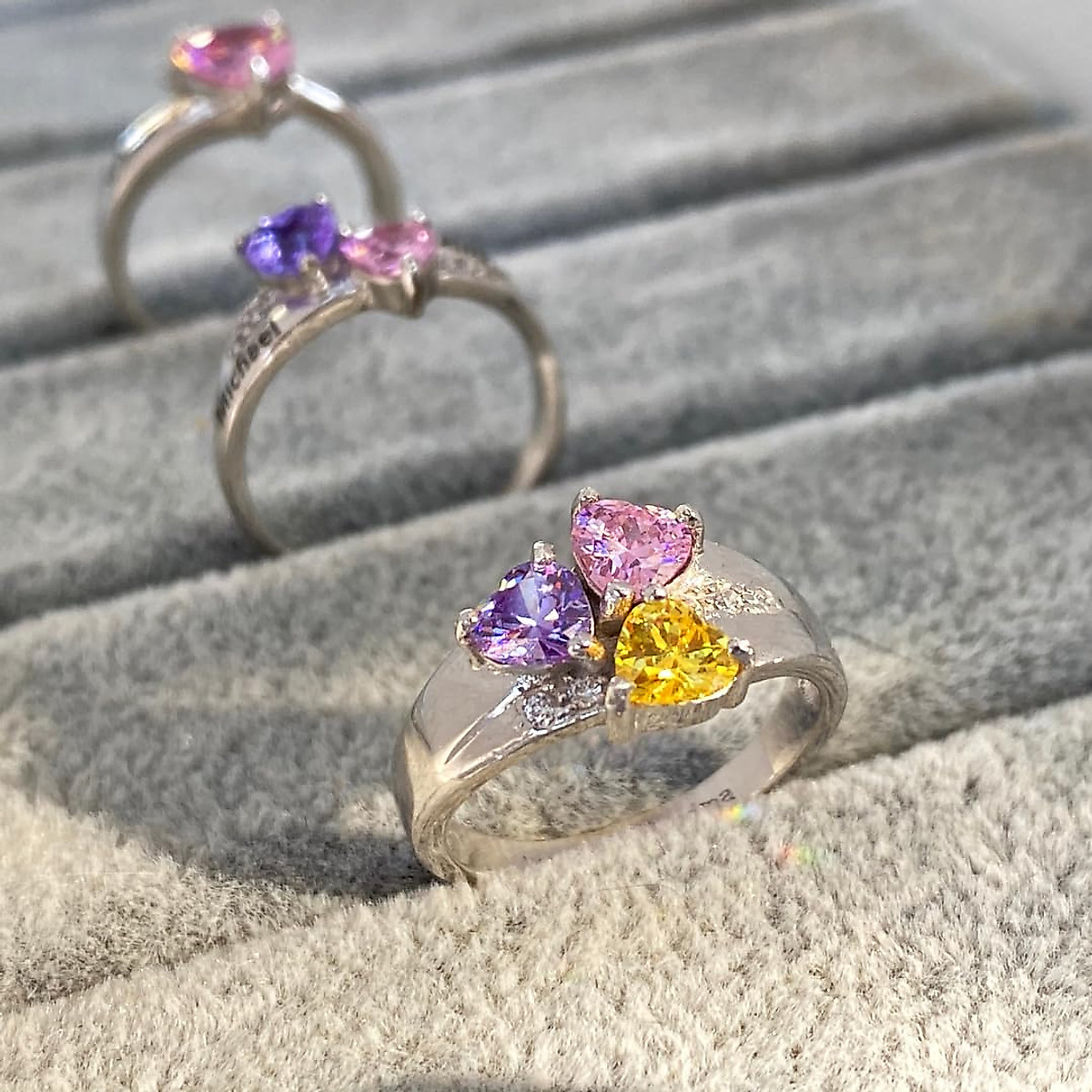 PaulaMax Jewelry Mothers Ring with 3 Birthstones – Custom Engraved Birthstone Ring for Women in Sterling Silver or White Gold – Personalized 3 Heart Birthstones, Size 7