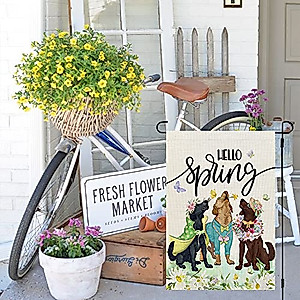 CROWNED BEAUTY Hello Spring Dogs Garden Flag Floral 12x18 Inch Double Sided for Outside Burlap Small Yard Flag CF748-12