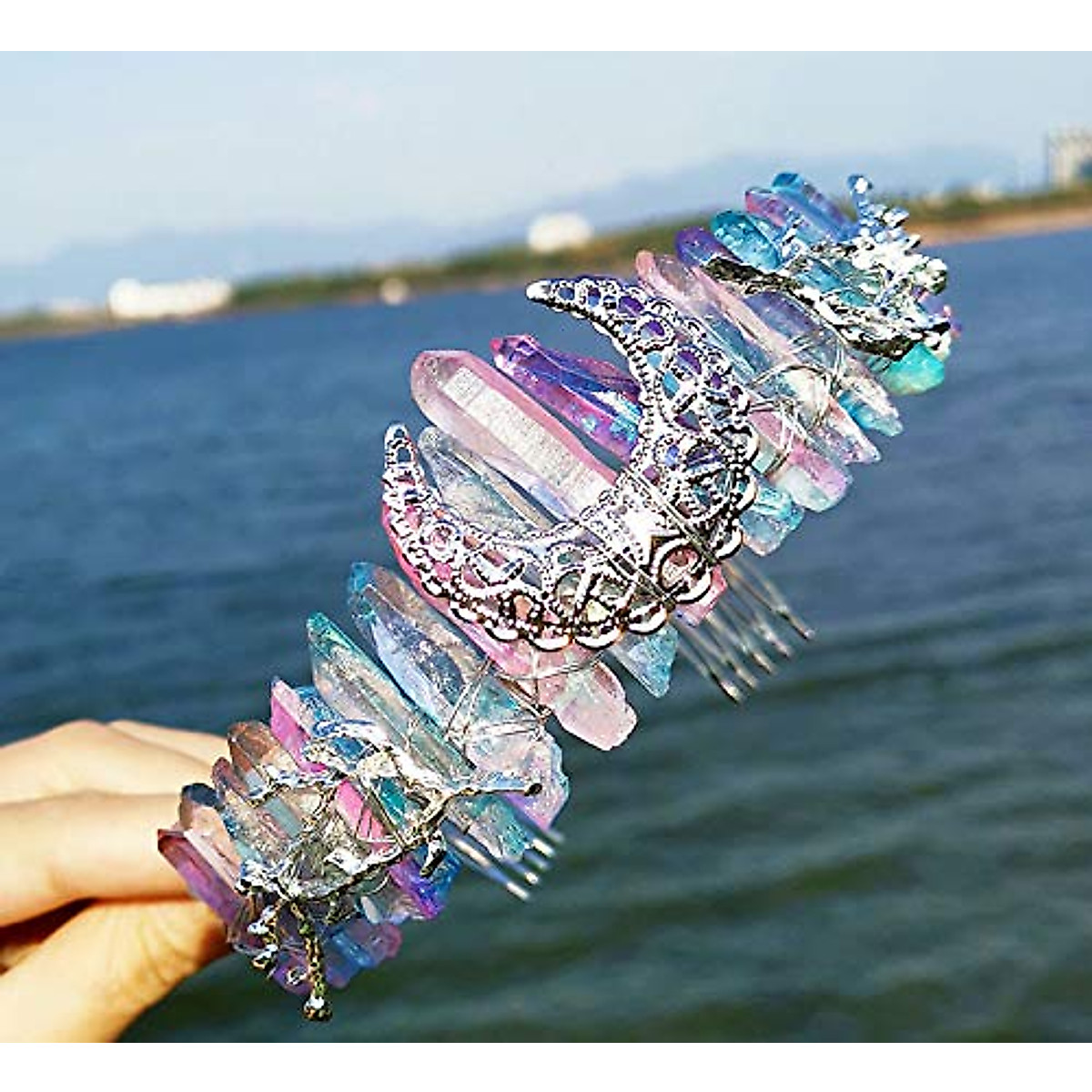 Zivyes Moon Goddess Crown Raw Crystal Quartz Tiara Mermaid Crown Wedding Fairy Rave Headpiece Festival Headband