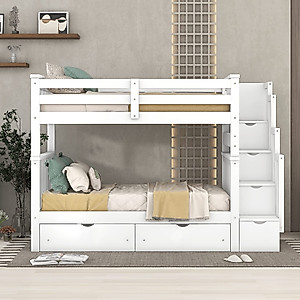Harper & Bright Designs Full Over Full Bunk Bed with Stairs, Wooden Bunk Bed with Storage Drawers, for Kids Teens Adults - White