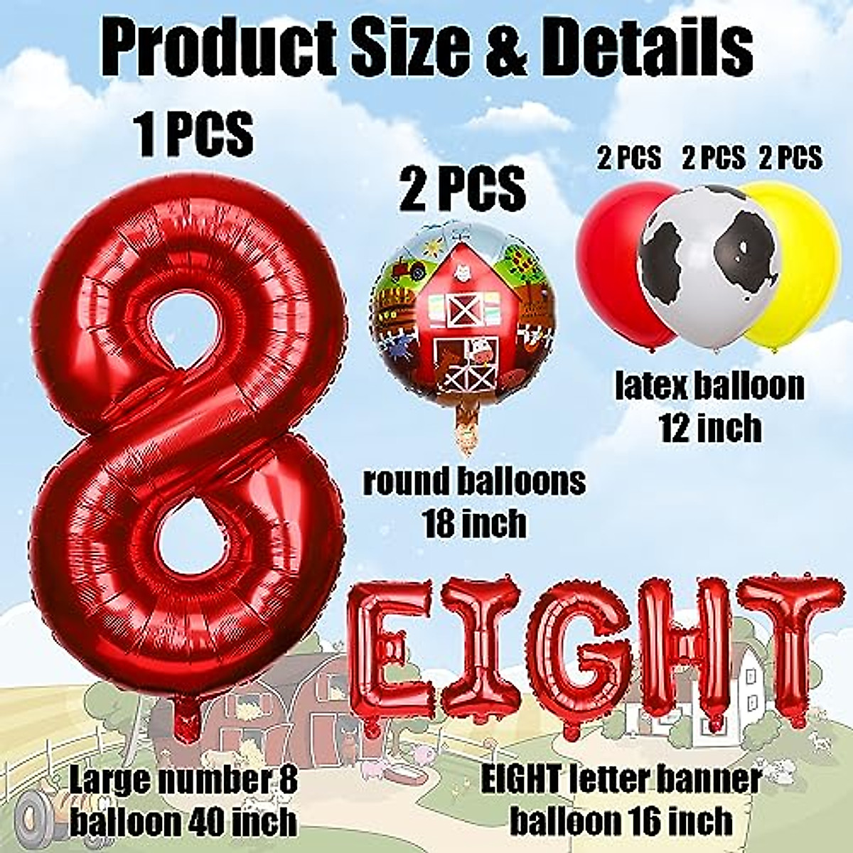 14pcs Farm Animal Balloon, Birthday Party Balloons Farm Birthday Decorations Farm Birthday Balloons for Farm Animal Theme Birthday Party Decor Supplies (8 Years Old)