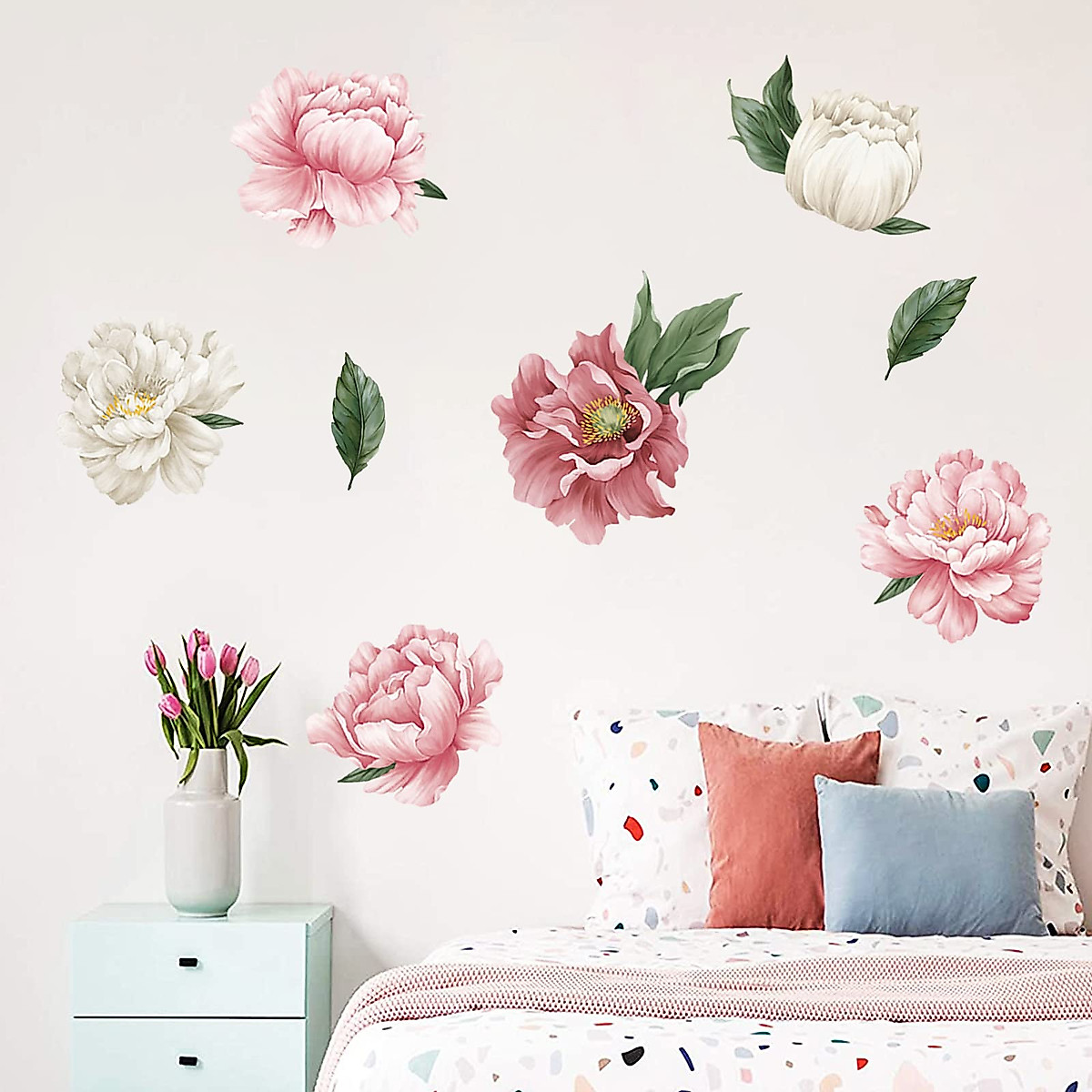decalmile 6 Large Peony Flower Wall Decals Garden Floral Wall Stickers Bedroom Living Room Home Office Wall Decor Gift for Mom