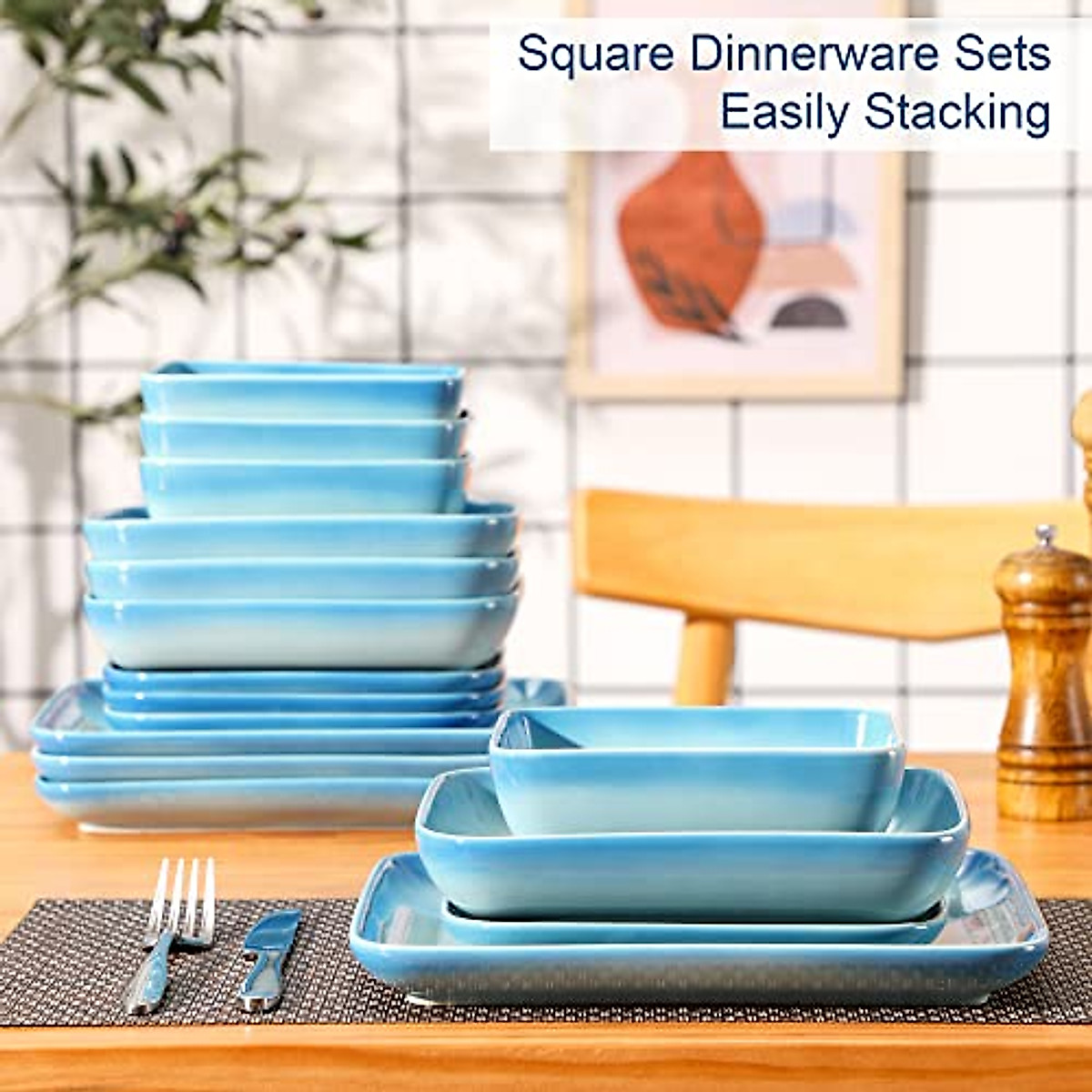 LOVECASA Square Dinnerware Sets for 4, 16 PCS Gradient Dishes Set,Stoneware Dinner Plates/Dessert Plates/Soup Plates/Cereal Bowls,Gradient Sky Blue