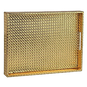 HofferRuffer Rectangle Serving Tray with Hole Handles for Coffee Table, Breakfast, Tea, Food, Butler - Countertop, Kitchen, Vanity Serve Tray, 16.2 x 12.2 x 2 inches, Faux Leather Tray (Gold)