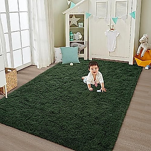 Jocovieh Soft Deep-Green Rugs for Bedroom, 5x7 Feet Fluffy Carpets, Indoor Modern Plush Area Rugs for Living Room Kids Girls Room, Non-Slip Shag Rug for Nursery Home Decor, Deep-Green
