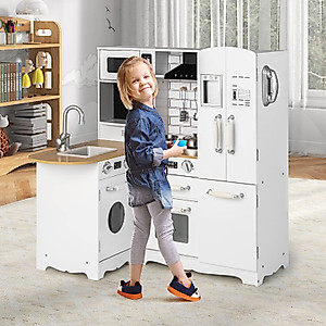 HONEY JOY Corner Kids Kitchen Playset, Little Chef Wooden Play Kitchen for Toddlers, Microwave, Refrigerator, Water Dispenser, Range Hood, Cookware, Pretend Play Toy Kitchen Set w/Lights and Sounds