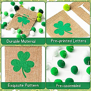 WATINC 2PCS St. Patrick's Day Burlap Banner Felt Ball Garland Set, Shamrock Bunting Pom Pom Garlands Decoration, Lucky Clover Hanging Decor for Saint Patty’s Day Party Mantle Fireplace Home Wall