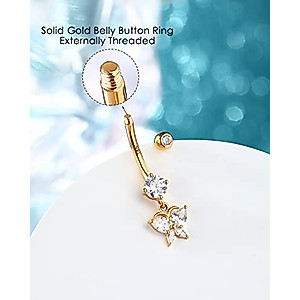 Melighting Gold Belly Rings 14K Solid Gold Butterfly Belly Button Rings for Women Gold Dangle Belly Piercing Clear CZ Gold Navel Rings for Woman Body Piercing Jewelry