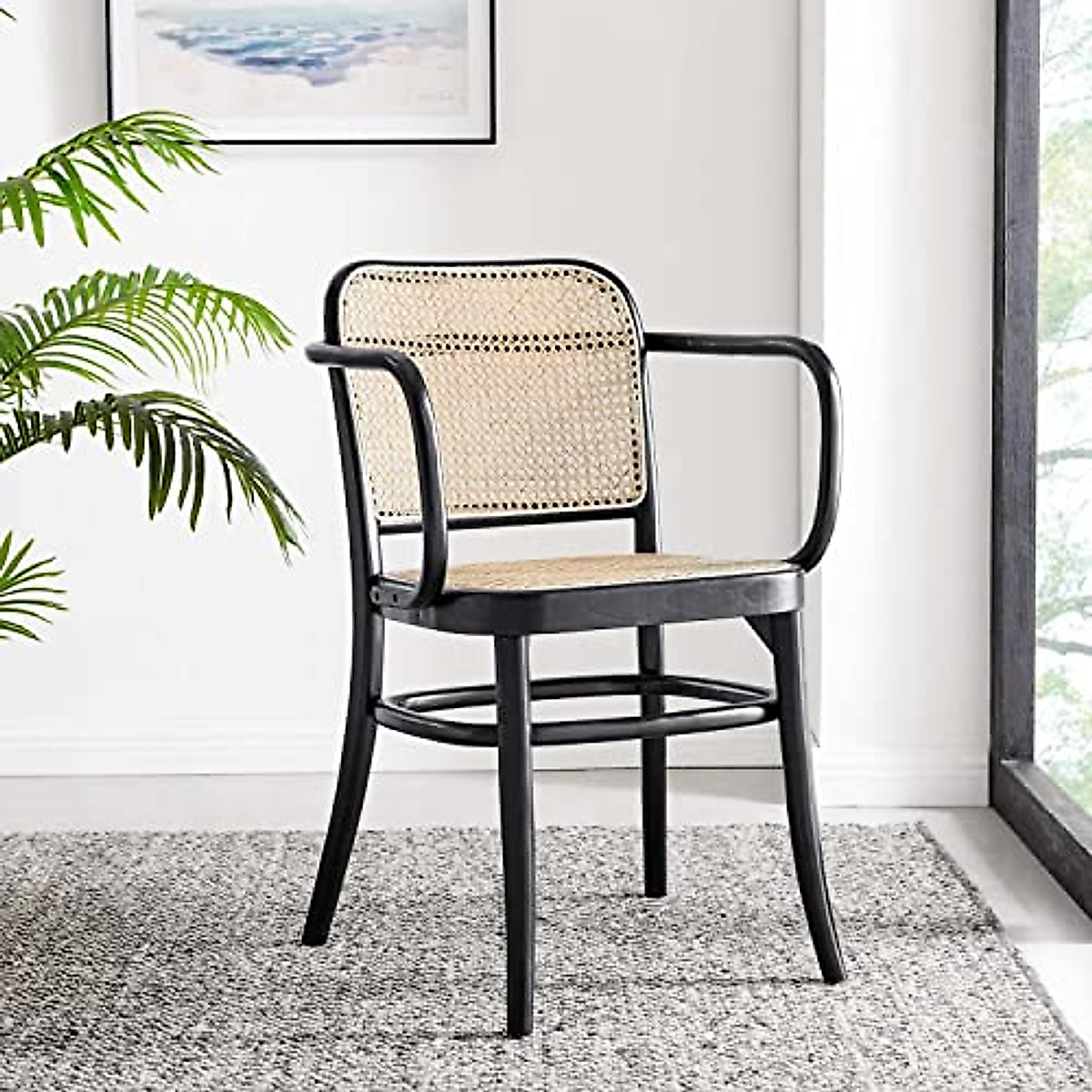 Modway Winona Elm Wood Dining Chair with Cane Rattan Seat in Black 21 x 22.5 x 32