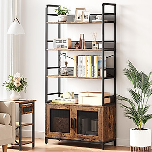 GAOMON Industrial Bookshelf with Doors 70.87" Tall Bookcase with 4 Tiers Open Storage Shelf Rustic Bookshelves Display Rack Cabinet Farmhouse Bookshelf for Bedroom, Living Room, Home Office, Brown