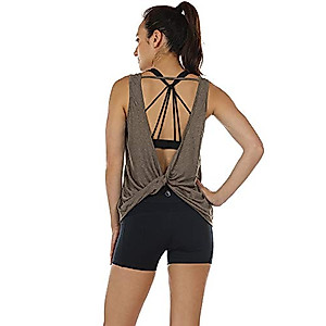 icyzone Workout Tank Tops for Women - Open Back Strappy Athletic Tanks, Yoga Tops, Gym Shirts(Pack of 2) (S, Mushroom/Lavender)