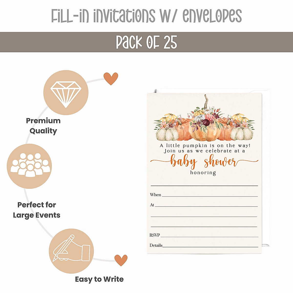 Paper Clever Party Our Little Pumpkin Invitations with Envelopes - 25 Pack - Pumpkin Baby Shower - 5x7 Blank Cards for Personalization