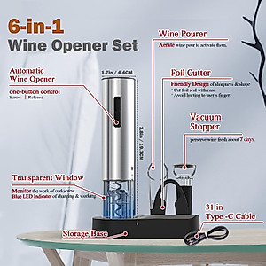 Oaklete 6-in-1 Electric Wine Opener Set Rechargeable Electric Wine Bottle Opener can Open 80 Bottles Once Charging and 3+ Months Lasting, Gift for Wine Lovers（Stainless Steel ）