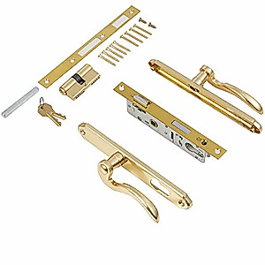 HTH HTHomeprod Solid Brass Lever Handle Set for Screen / Storm Door, Double Cylinder Mortise Lock Added Security, Fit for 1 in. Or 1.38 in. Thickness Door, Polished Brass