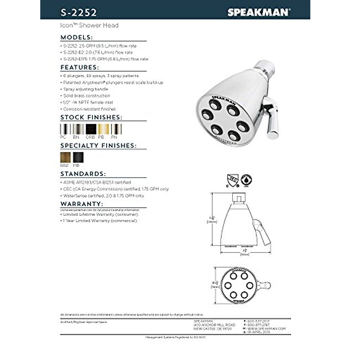 Speakman S-2252 Signature Icon Anystream Adjustable High Pressure Shower Head-1.75 GPM Solid Brass Replacement Bathroom Showerhead, Polished Chrome, 2.5