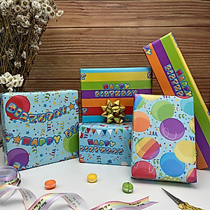 Dtiafu Birthday Wrapping Paper for Boys Girls Kids - Blue Glitter Gift Wrap with Happy Birthday Rainbow Balloons Hats - 20inch x 28inch Per Sheet(8 Sheets Folded Flat)