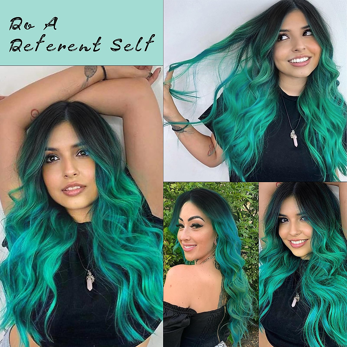 Lativ Long Wavy Wig for Women Ombre Green Middle Part Wigs Teal Wigs Long Curly Synthetic Heat Resistant Hair with Natural Hairline for Cosplay Party Everyday Use