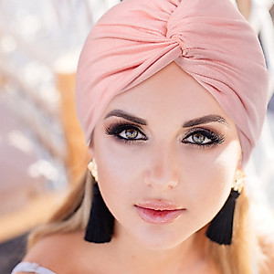 SATINIOR 4 Pieces Turbans for Women Soft Pre Tied Knot Fashion Pleated Cancer Turban Cap Chemo Headwrap Sleep Hat, 4 Colors(Blue, Purple, Pink, White)