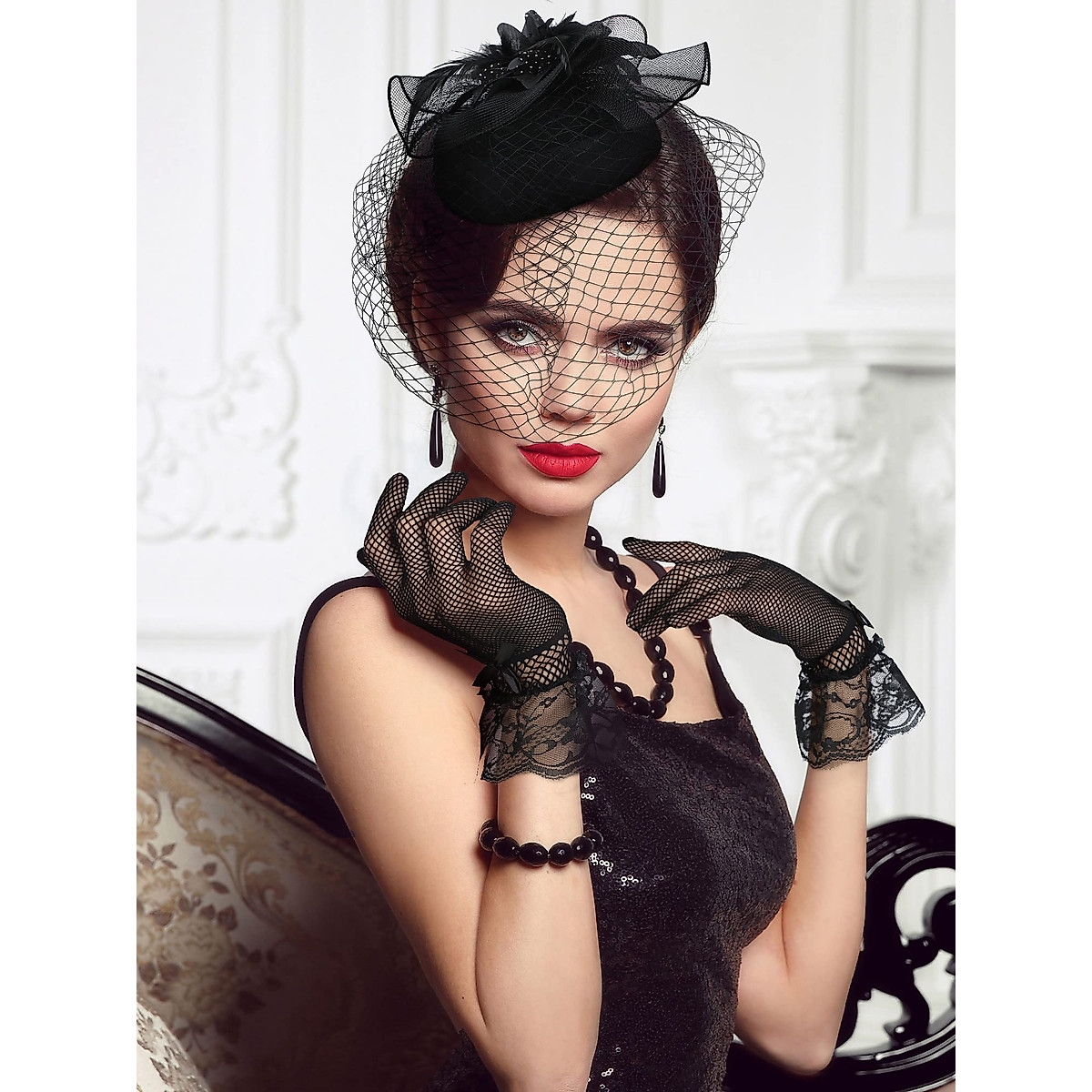 JenPen 4 Pcs Fascinator Hat for Women Tea Party Headwear Feathers Veil Mesh Headband Floral Short Lace Gloves 20s 50s Costume Accessories for Wedding Black