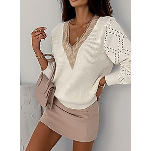 miduo Womens Long Sleeve V Neck Guipure Lace Panel Ladies Warm Ribbed Knit Pullovers Sweaters Jumper Tops Outerwear Cream White M