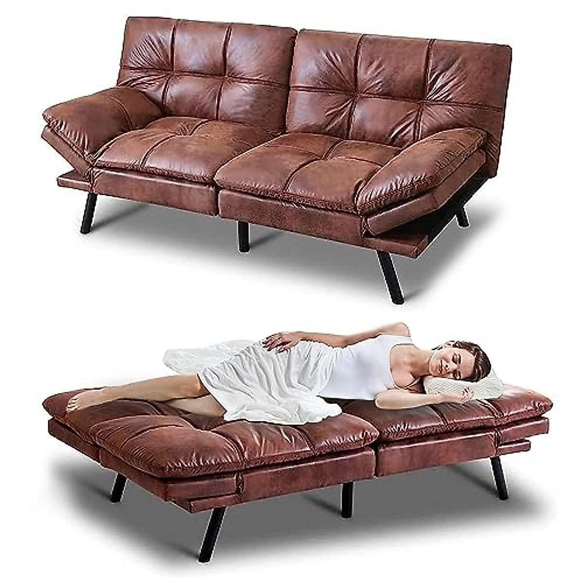 Fangflower Futon Sofa Bed, Faux Leather Memory Foam Couch, Foldable Convertible Sleeper Loveseat, Daybed for Living Room, Brown