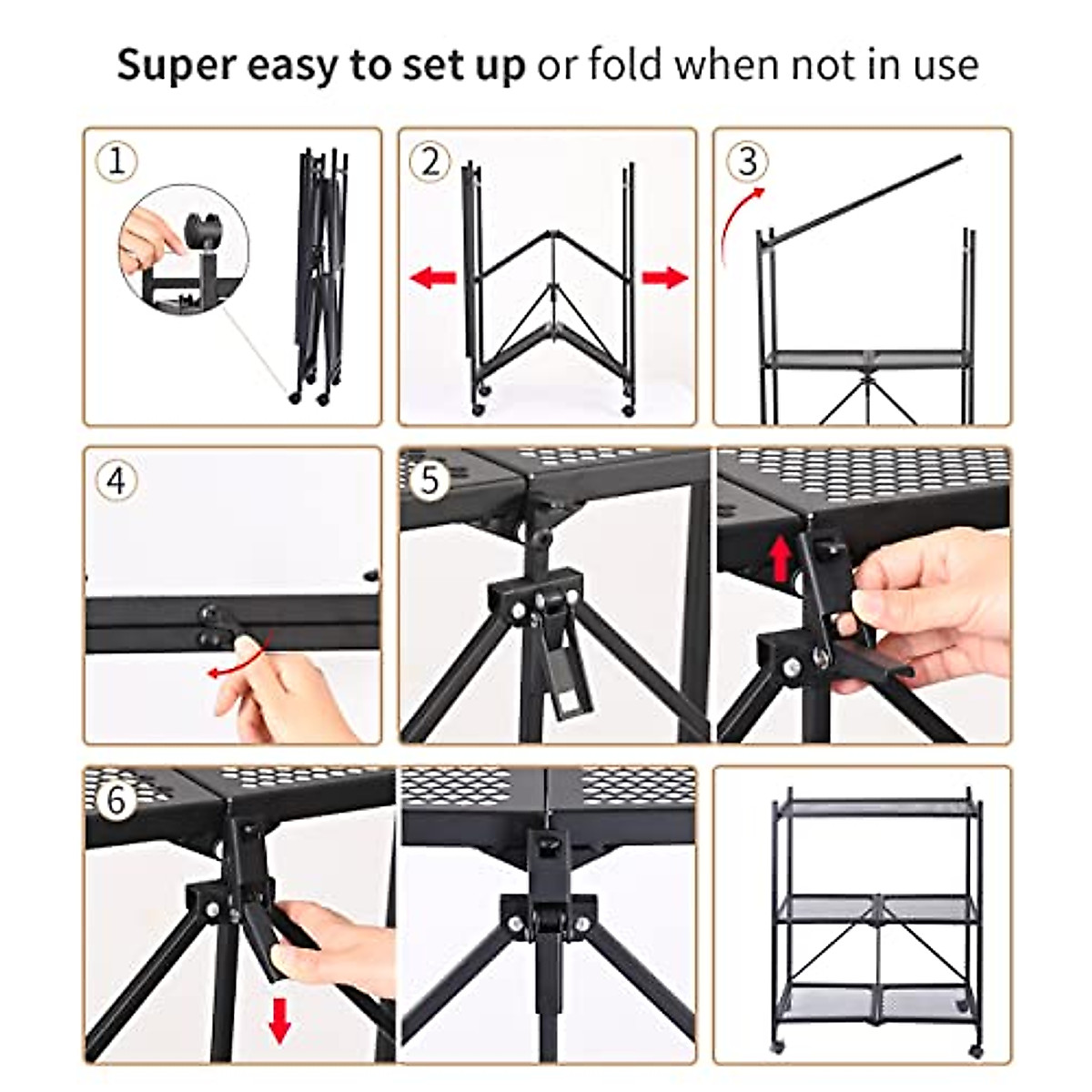 RokiaTek 3-Shelf Foldable Storage Shelves with Wheels, Large Capacity Metal Standing Shelving Unit, No Assembly Heavy Duty Organizer Rack for Kitchen, Garage, Basement, Pantry, Matte Black