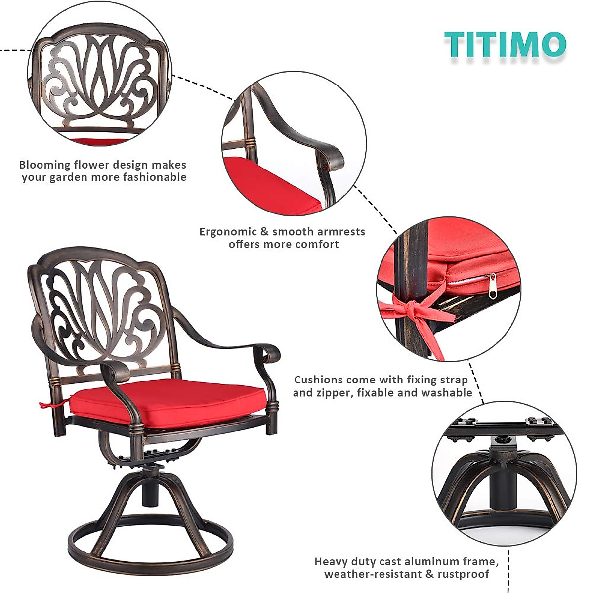TITIMO 5-Piece Outdoor Dining Patio Set, All-Weather Cast Aluminum Furniture Set Includes 4 Swivel Rocker Chairs with Cushions and 35.4" Square Table with Umbrella Hole for Yard Garden Deck (Red)