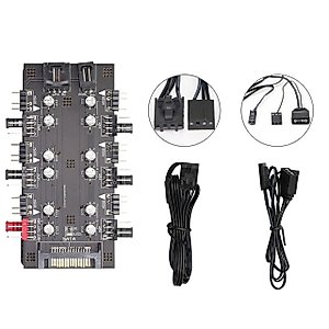 12V 4Pin PWM & 5V 3Pin ARGB with SATA 15Pin Power 2-in-1 Hub 6 Way Sync CPU Cooling Fan Addressable RGB Lighting PCB Splitter for Extended Motherboard Interface -Black Compatible With Desktop