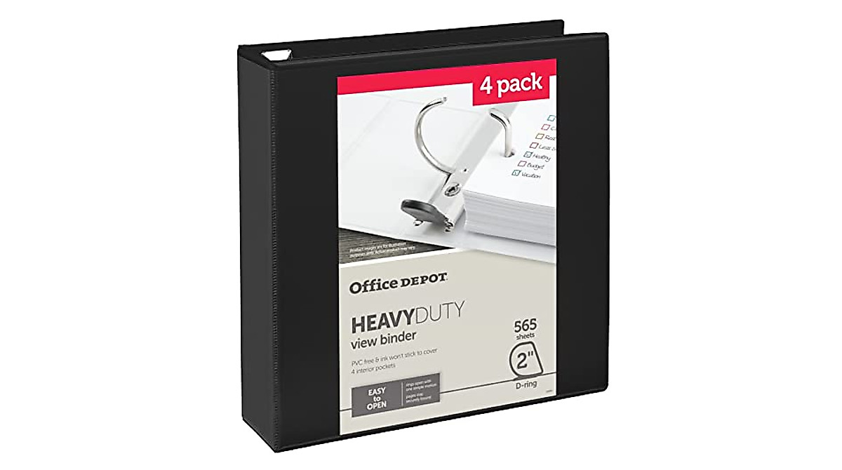Office Depot Heavy-Duty 2" D-Ring Binder - Black (Pack of 4)