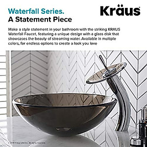 Single Lever Vessel Glass Waterfall Bathroom Faucet Chrome with Brown Clear Glass Disk and Matching Pop Up Drain