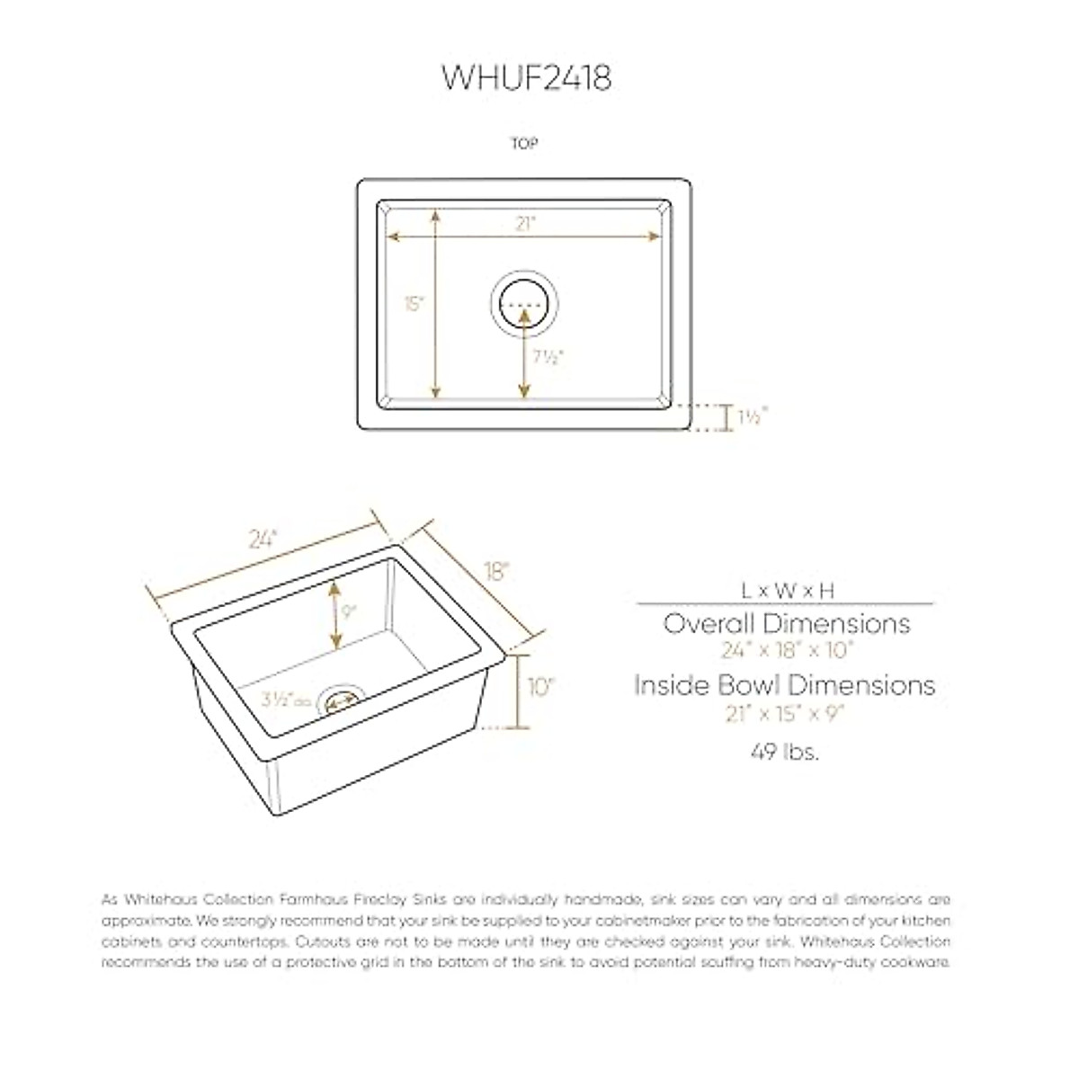 Whitehaus Collection Undermount/Drop-in Fireclay Kitchen Sinks, Stainless Steel Grid Included