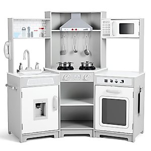 JOYLDIAS Kids Play Kitchen,Corner Wooden Pretend Toddler Kitchen Toys Playset, Realistic Lights & Sounds,Microwave Oven,Water Dispenser, Phone, Sink,Cooking Accessories, for Toddlers Ages 3+, White