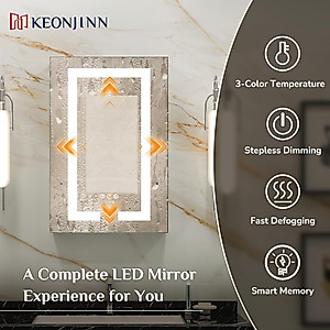 Keonjinn 24 x 32 LED Medicine Cabinet for Bathroom with Light Adjustable Shelves Electrical Outlet Dimmable Defogging 3 Color Light Tempered Glass LED Vanity Mirror with Storage Recessed/Surface Mount